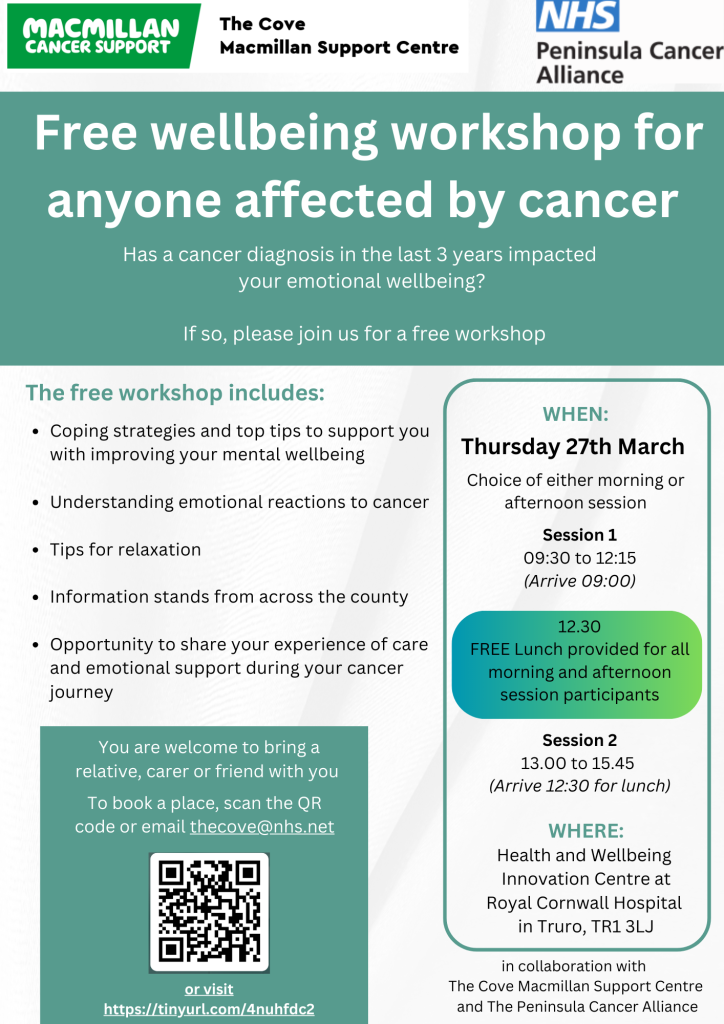 JOIN A FREE WORKSHOP TO IMPROVE YOUR MENTAL WELLBEING! - Peninsula Cancer Alliance